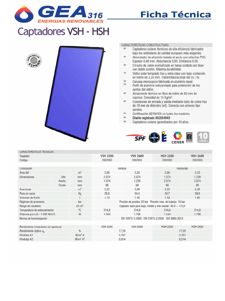 Ficha Tecnica Captador Plano Gea 316 | PDF