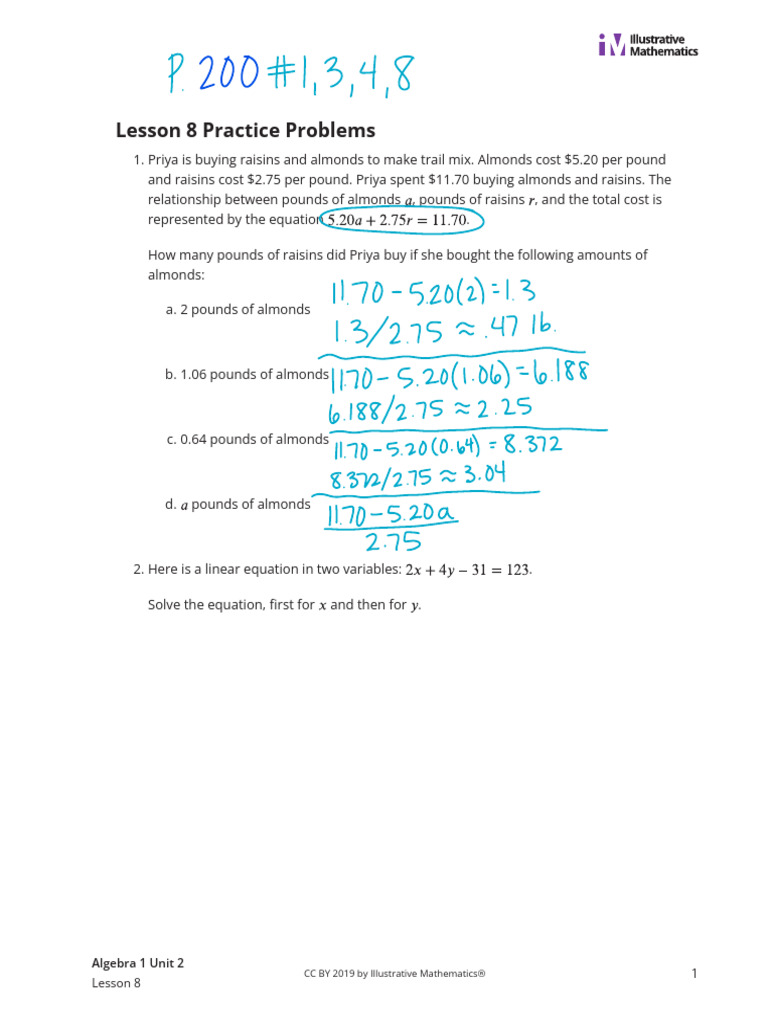 Lesson 8 Practice KEY-1 | PDF | Equations | Algebra