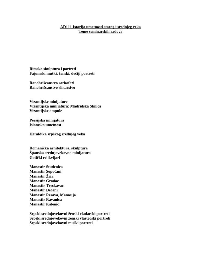 AD111Istorija Umetnosti SiSv SEMINARSKI Teme 2025 | PDF