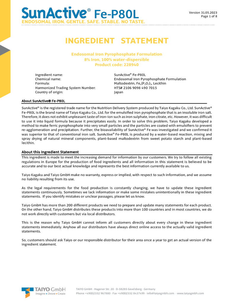 SunActive® Fe: Emulsified Iron Formula | PDF | Iron