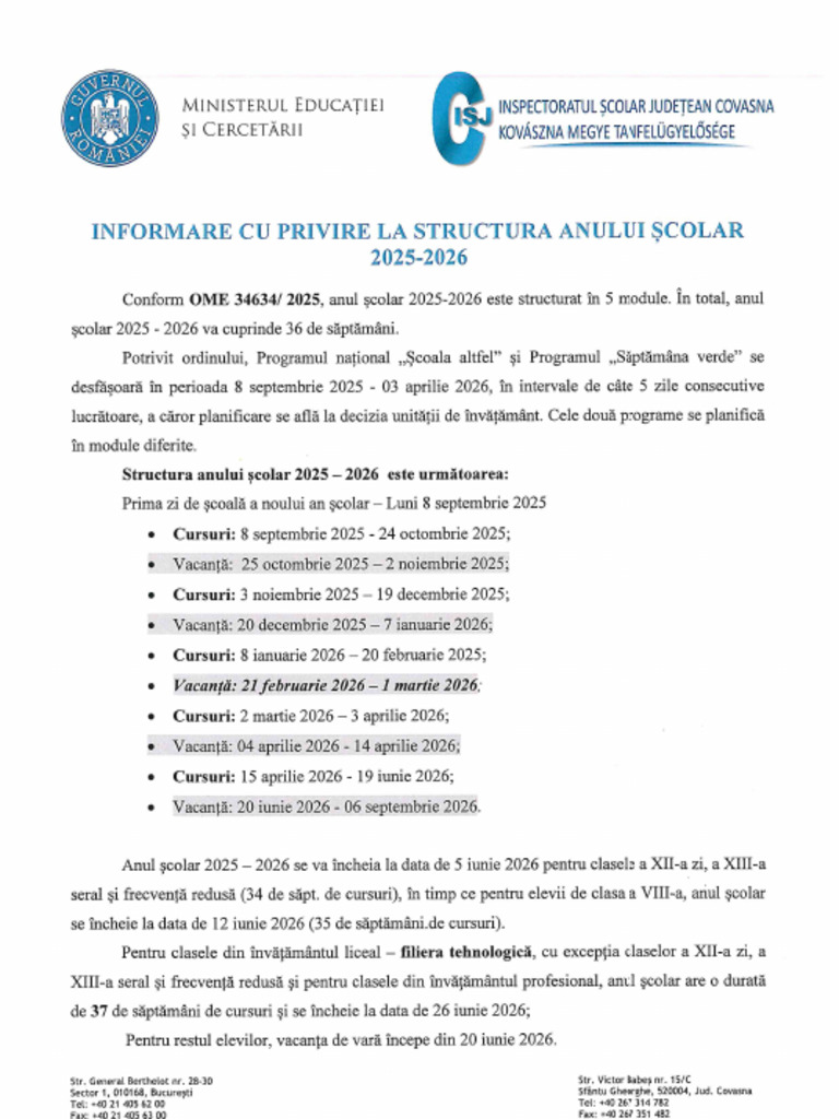 Structura Anului Scolar 2025 - 26 Judetul Covasna - 0 | PDF