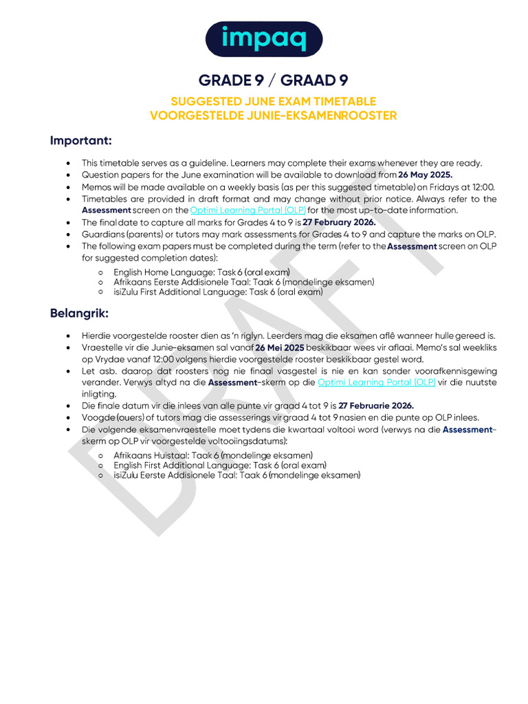 Grade 9 June Exam Timetable - Junie Eksamenrooster | PDF