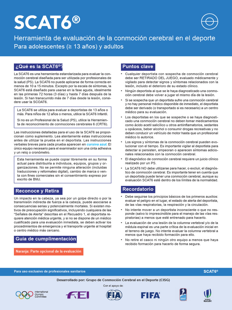 Evaluación SCAT6 de conmoción cerebral | PDF | Coma | Enfermedades y ...