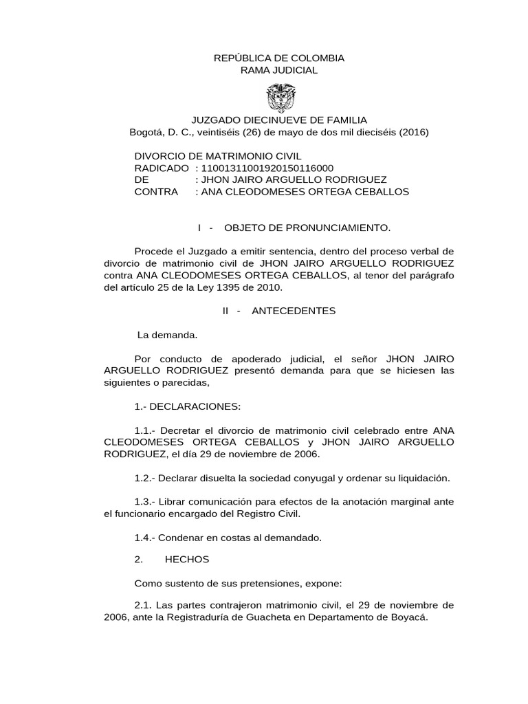 2015-1160 Divorcio Jhon Jairo Arguello Rodriguez | PDF | Divorcio ...