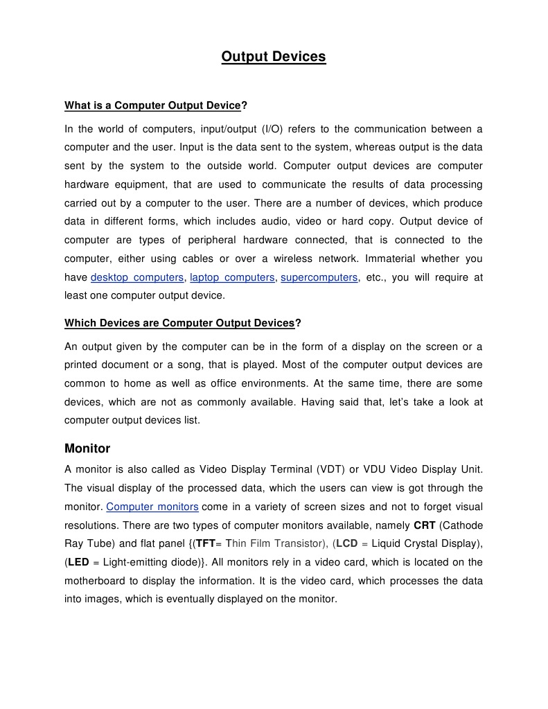 Output Devices | PDF | Computer Monitor | Printer (Computing)