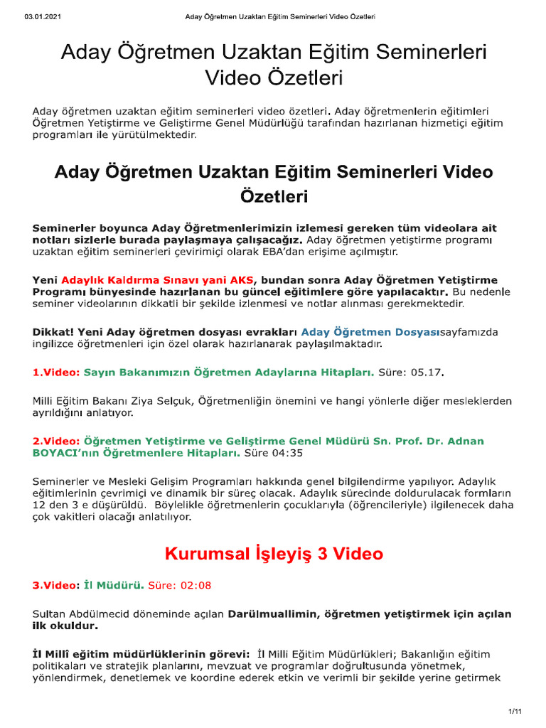 Aday Yoretmen Uzaktan Egitim Seminerleri Video Yozetleri (1) | PDF