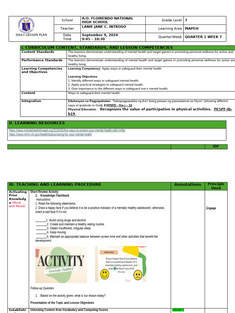 Matatag-Lesson-Plan Cot 1 | PDF | Mental Health | Learning