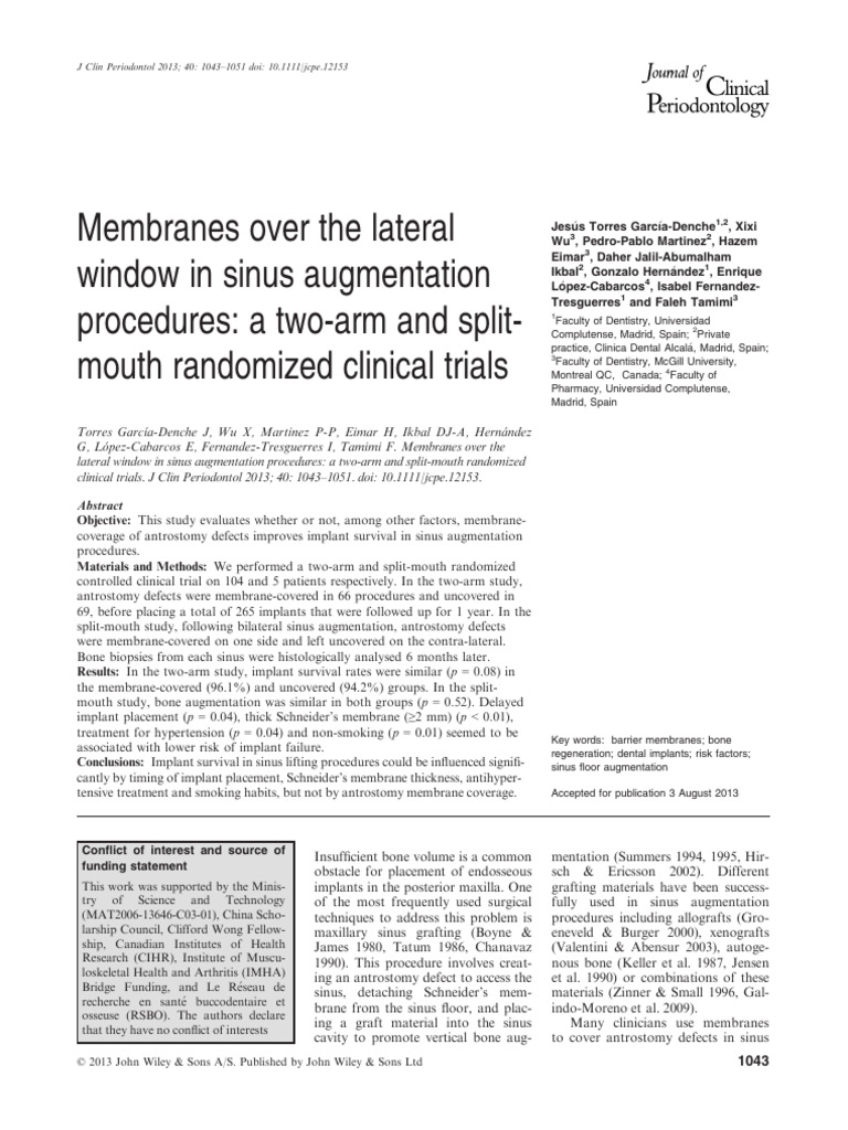 Membranes over the lateral window in sinus augmentation procedures ...