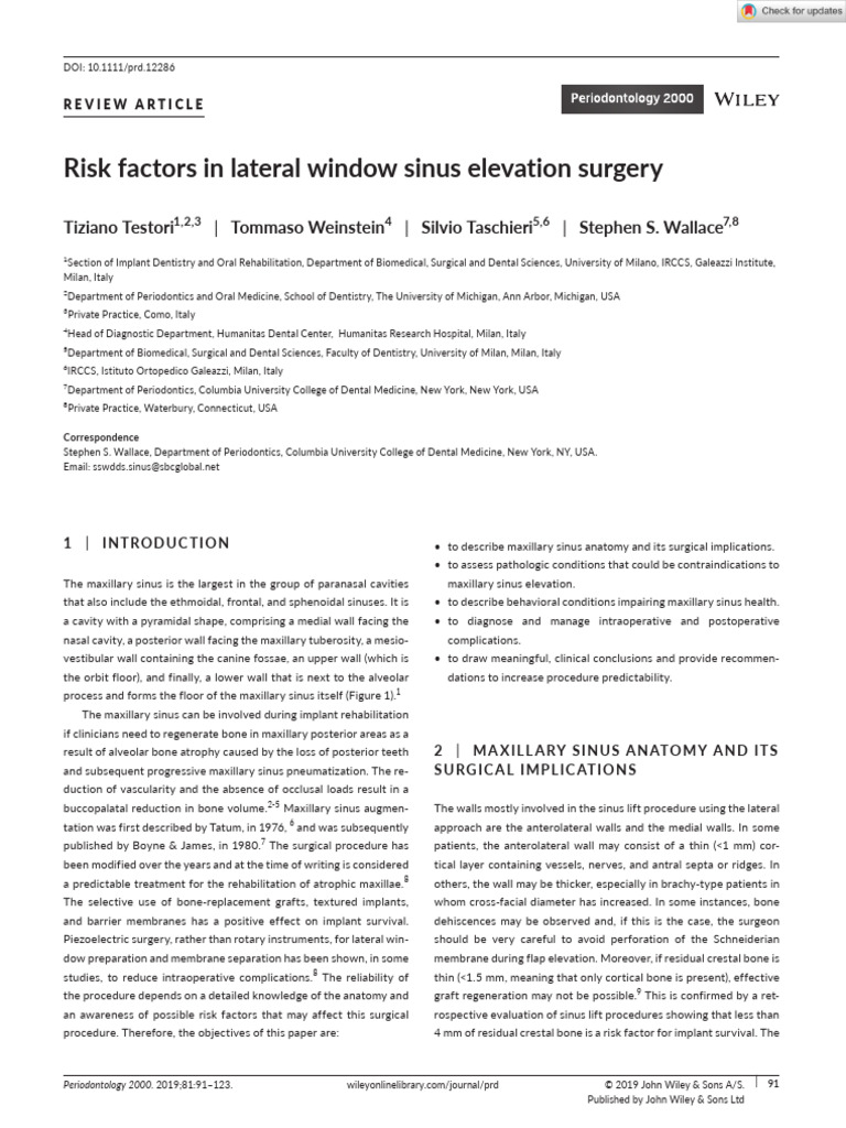 Testori - Risk Factors in Lateral Window Sinus Elevation Surgery | PDF ...