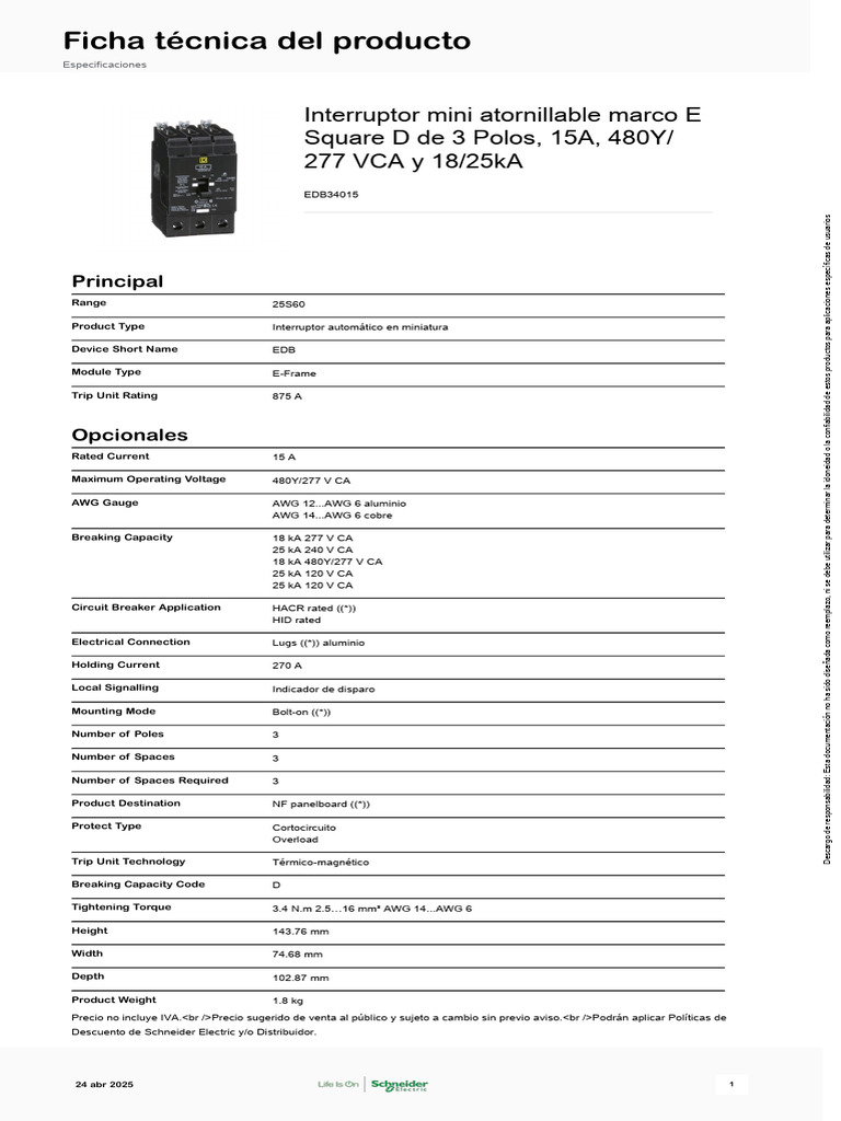 Schneider Electric - Tableros-de-distribución-eléctrica-NF - EDB34015 ...
