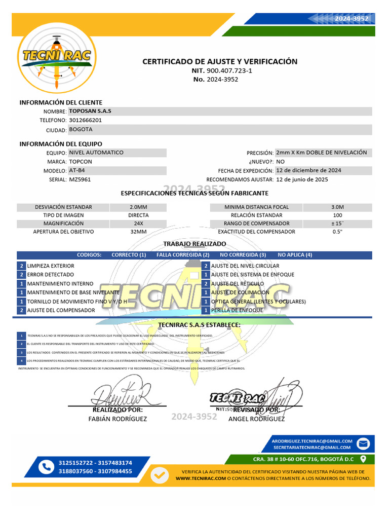 2024-3952 Certificado Nivel Automatico Topcon AT-B4 MZ5961 11-12-2024 Toposan S.A.S - Javier Sa ...