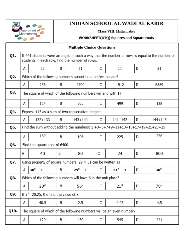 9184413-CL 8 WS2 Squares and Square Roots (OTQ) Jobby 2023 24 | PDF | Mathematics | Numbers