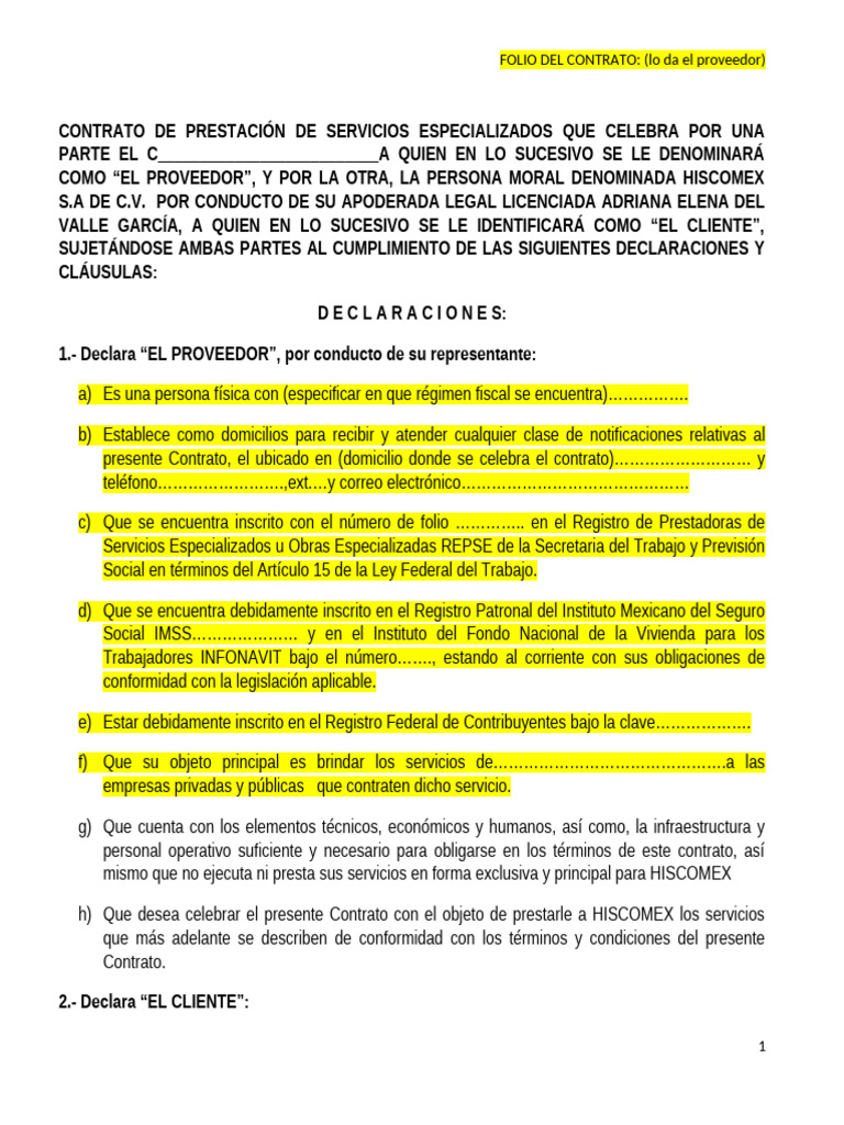 Formato Contrato Repse Hiscomex Proveedor Persona Fisica Anexos | PDF ...