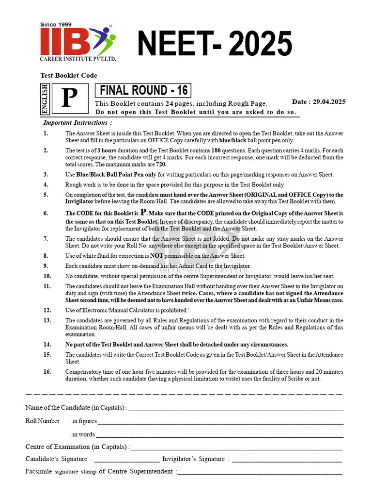 NEET 2025 Test Booklet Instructions | PDF | Gene | Enzyme