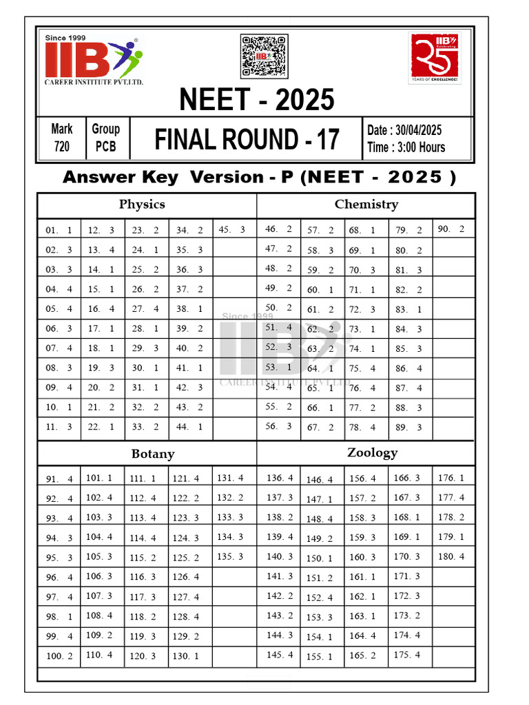 Answer Key + Solution Key Version P - 1623013 - 2025 - 05 | PDF ...