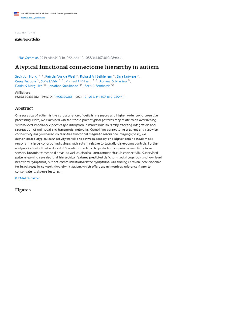 Atypical Functional Connectome Hierarchy in Autism - PubMed | PDF