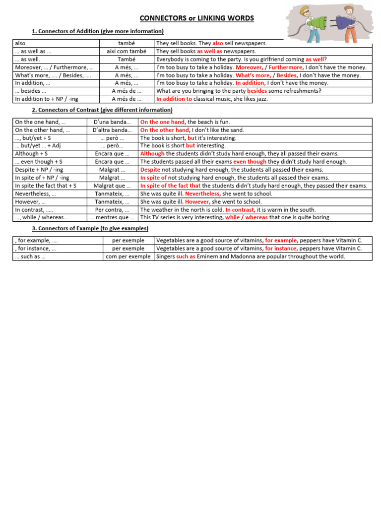 Connectors of Addition - Contrast - Examples | PDF