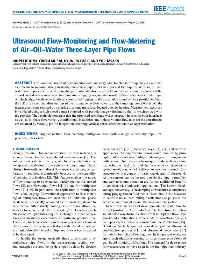 Ultrasound Flow-Monitoring and Flow-Metering of AirOilWater Three-Layer Pipe Flows | PDF | Flow ...