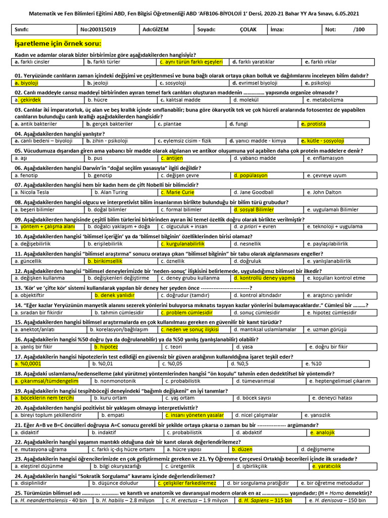 AFB106 - Biyoloji 1 2020-21 Bahar Dönemi Ara Sınavı 6 Mayıs Saat 1000 SORU | PDF