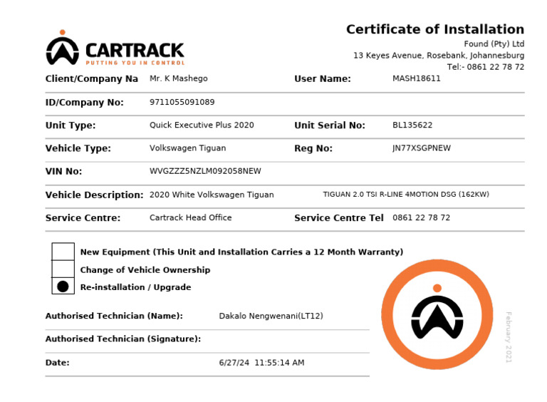 Volkswagen Tiguan Installation Certificate | PDF