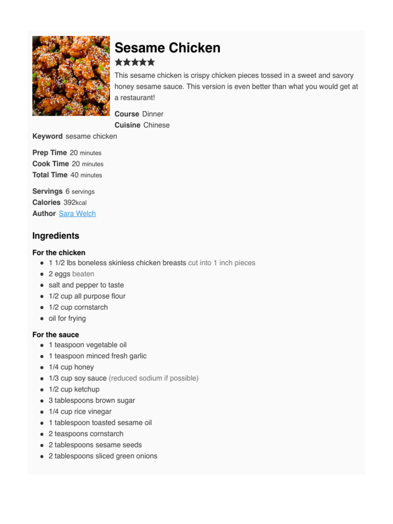 Sesame Chicken Dinner Recipe | PDF
