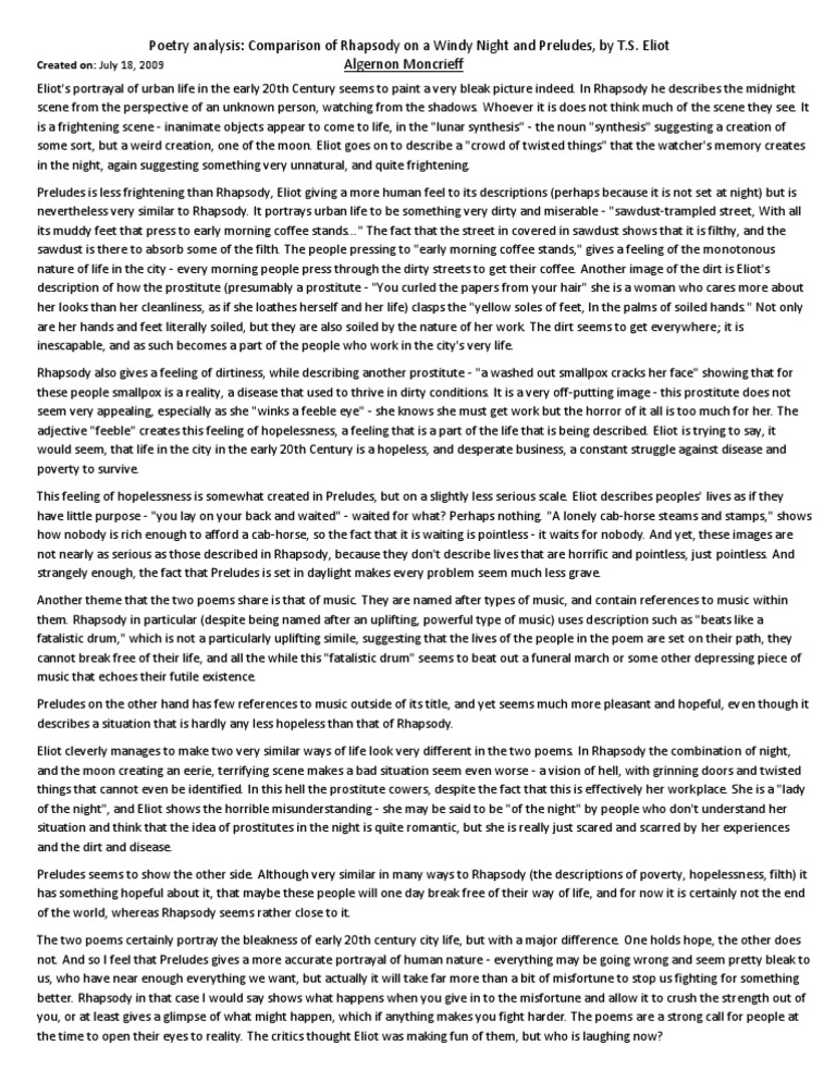 Eliot Rhapsody and Preludes | PDF | T. S. Eliot