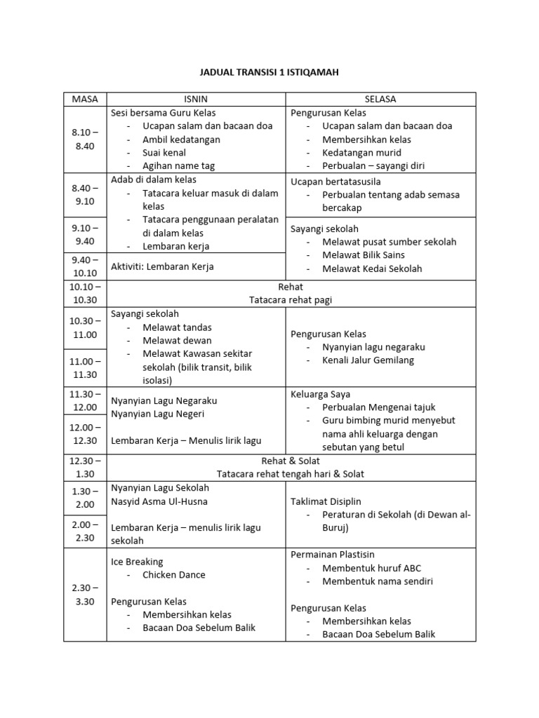 Jadual Transisi Tahun 1 | PDF