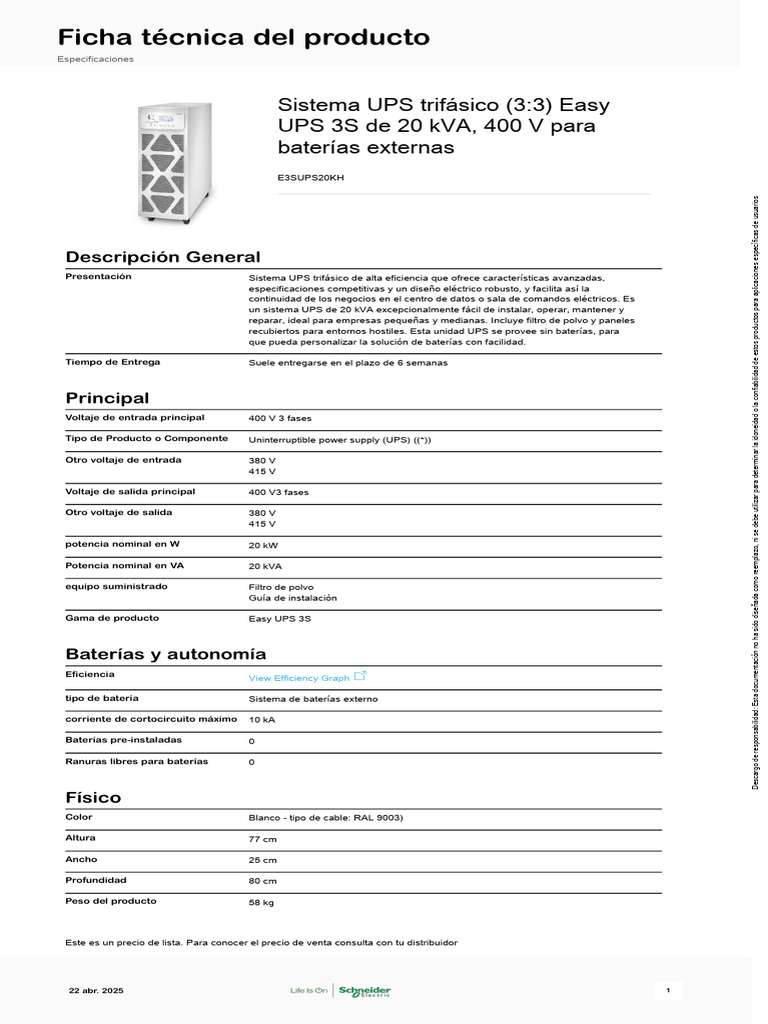 Schneider Electric - Easy-UPS-3S - E3SUPS20KH | PDF | Poder (Física ...