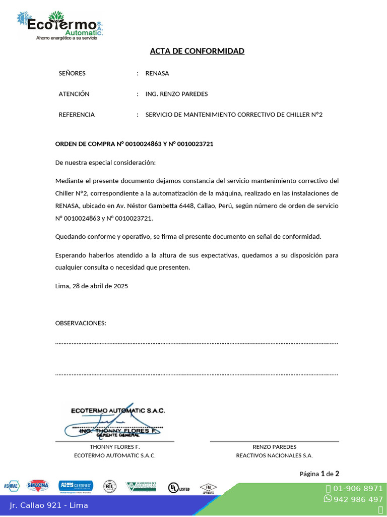 Acta de Conformidad - Renasa | PDF