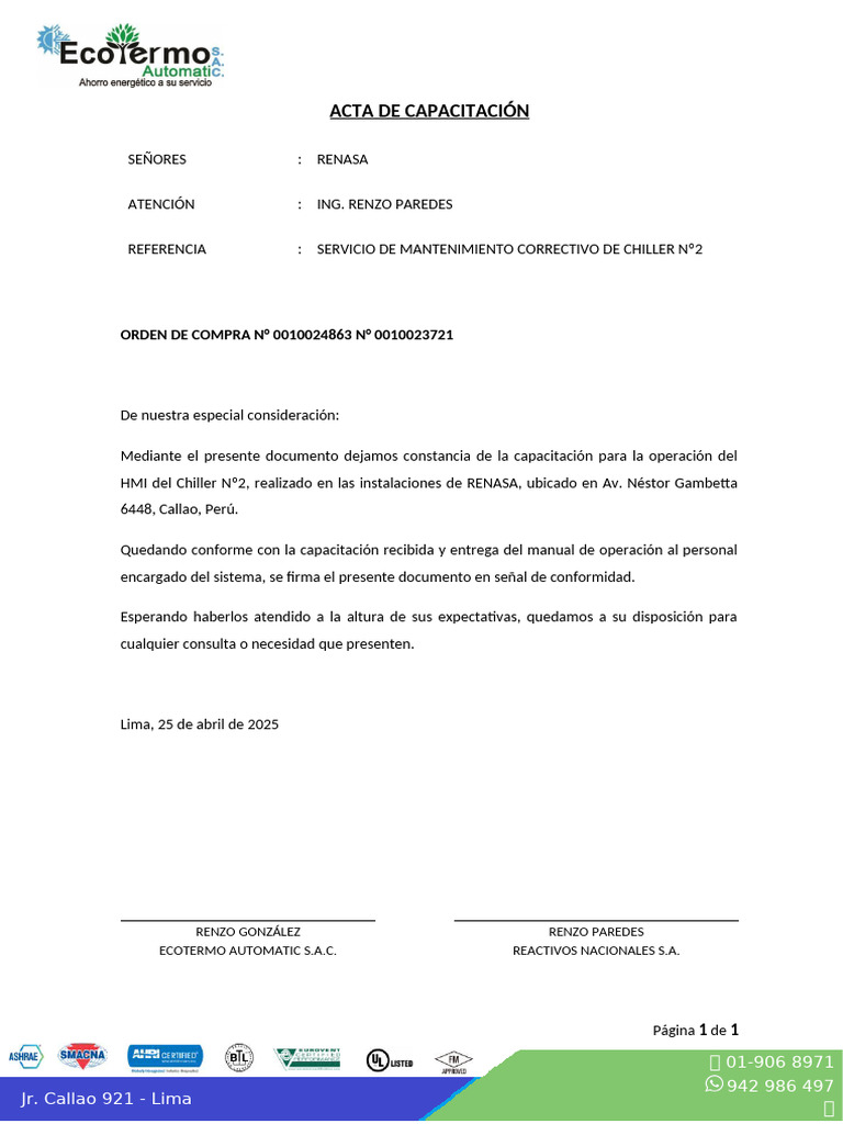 Capacitación en HMI Chiller Nº2 RENASA | PDF