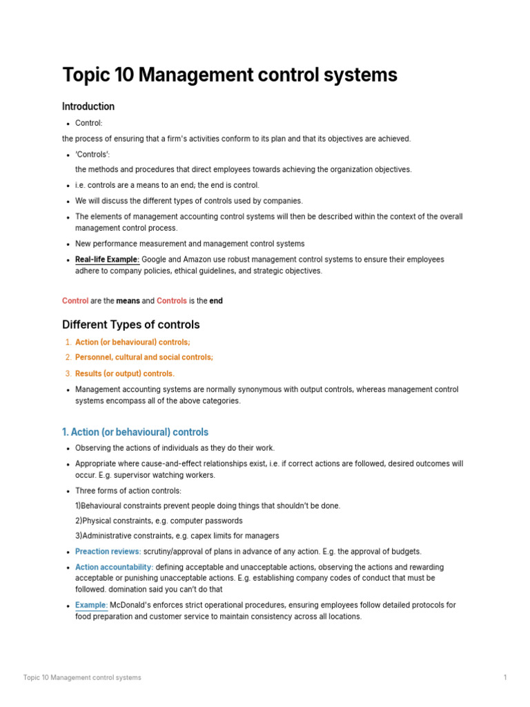 Topic 10 Management Control Systems | PDF | Expense | Business Economics