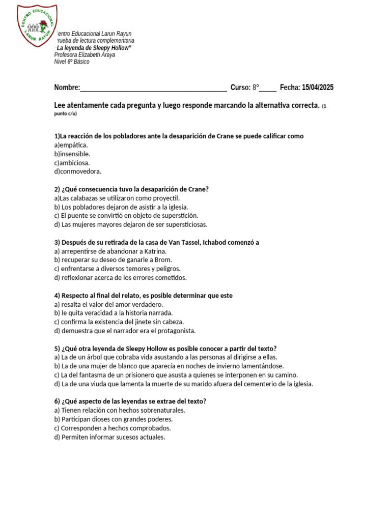 Prueba Lectura Complementaria 6to | PDF | La leyenda de Sleepy Hollow