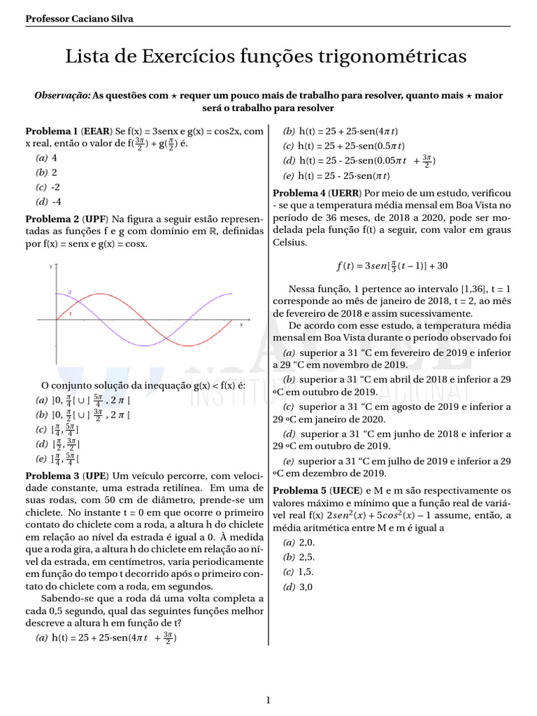 Lista 3 Funções Trigonometricas | PDF | Trigonometria | Funções ...