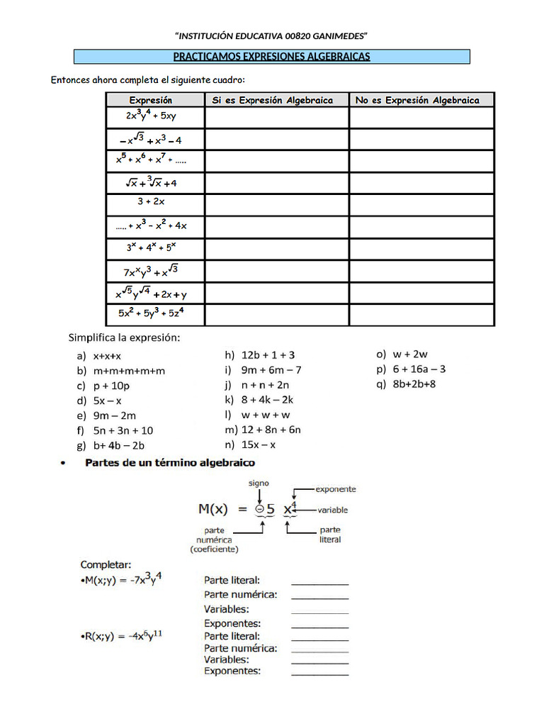 Practicamos Expresiones Algebraicas | PDF
