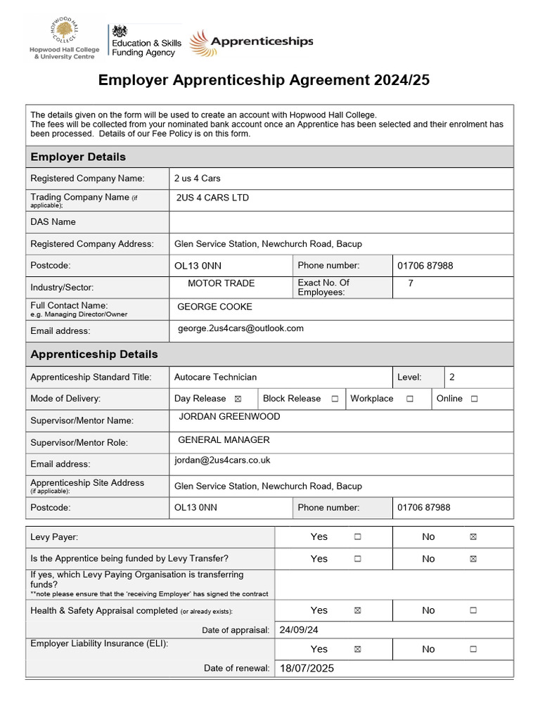 Employer Apprenticeship Agreement 2024/25 | PDF | Apprenticeship ...