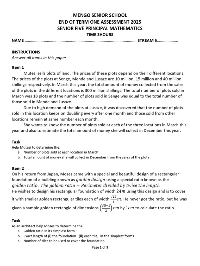 S5 Eot1 Assesmnt MTC 2025 | PDF | Rectangle | Area