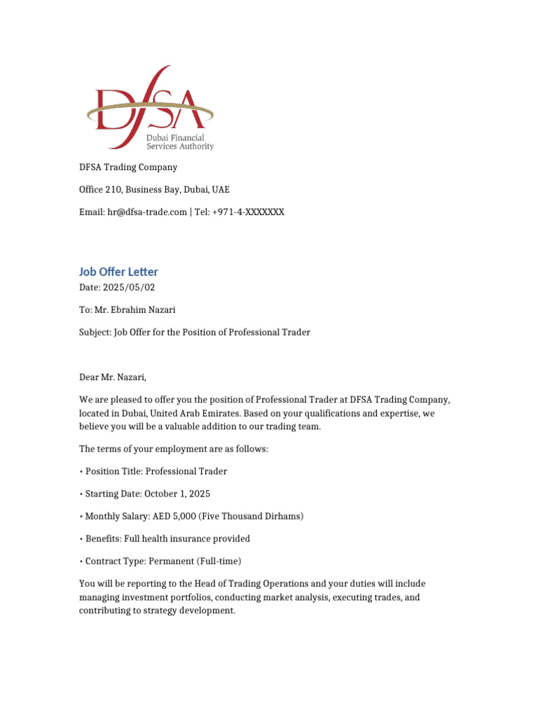 Job Offer: Professional Trader at DFSA | PDF