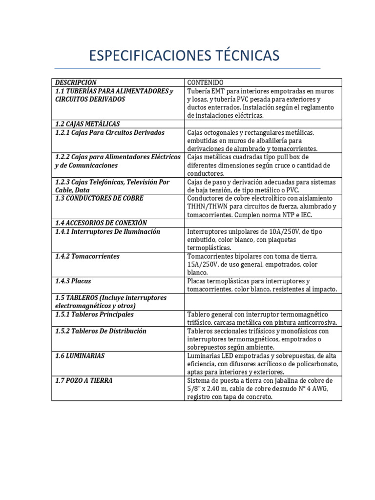 Especificaciones Tecnicas Del Proyecto | PDF | Enchufes y tomas de corriente alterna | Conductor ...