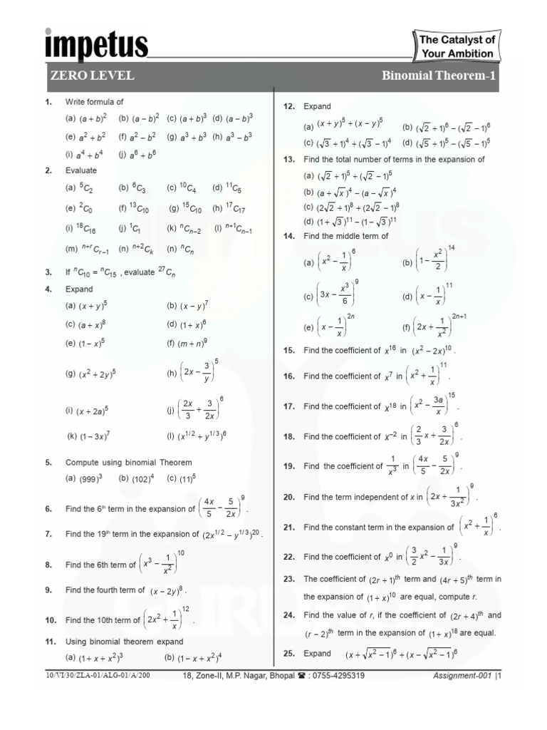 Binomial Theorem Zero Level 1 (23.01.2023) (2) | PDF | Discrete Mathematics | Mathematical Objects