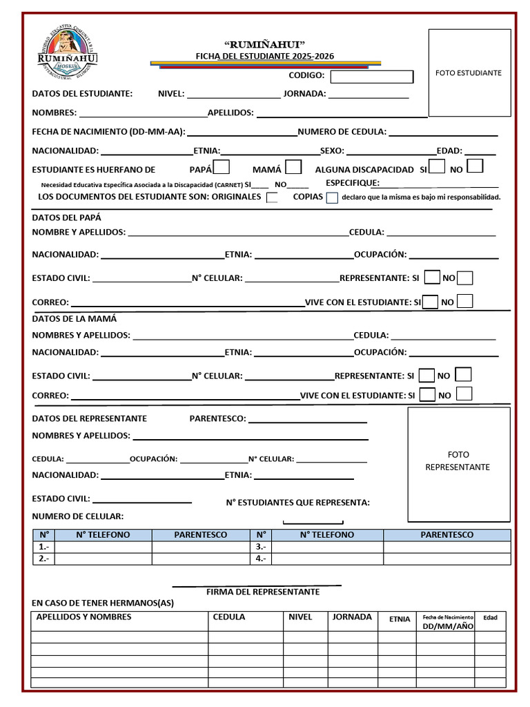 Ficha Del Estudiante 2025-2026 - 250508 - 105220 | PDF