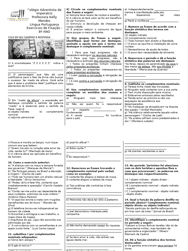 Exercícios de Complemento Nominal 8º Ano | PDF
