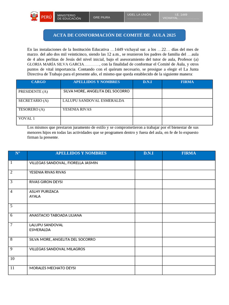 Amauta Peru Acta de Conformacion de Comite de Aula | PDF