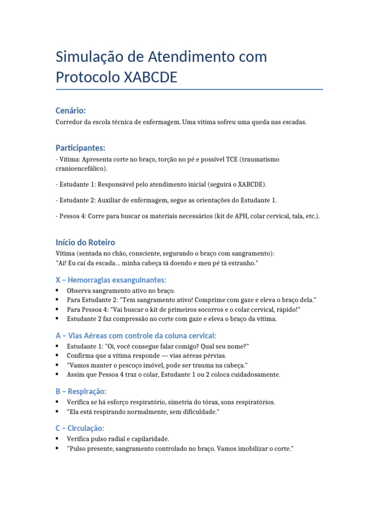 Roteiro XABCDE Simulacao Escola | PDF | Traumatismo craniano