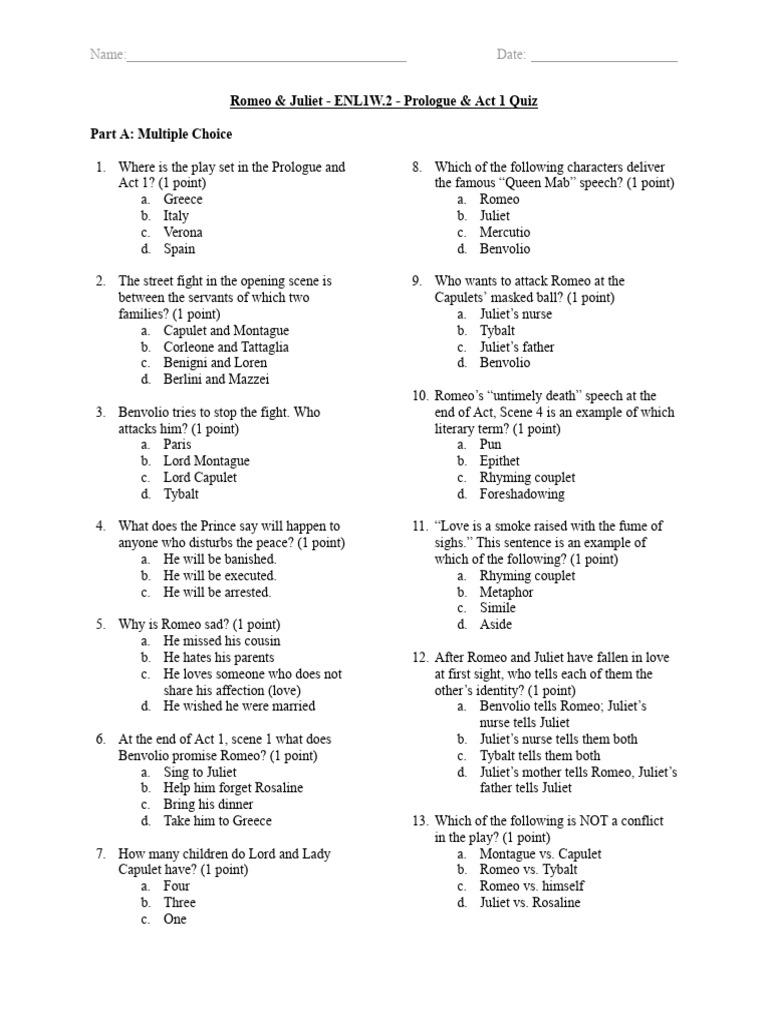 Act 1 Quiz (R&J) ENL1W.2 2025 - Ms. Barrile - Multiple Choice & Long ...