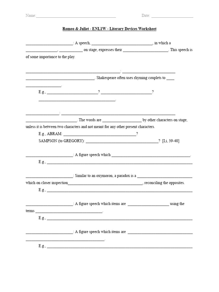 Literary Devices Worksheet (R&J) ENL1W 2025 - Ms. Barrile | PDF