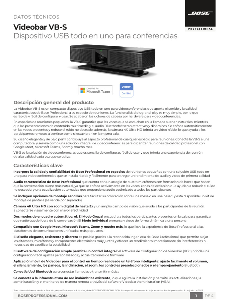 Tds Videobar Vb-S LTR 20230608 ESMX | PDF | Videotelefonía | Bluetooth