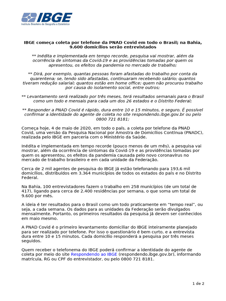 Release Lancamento PNADCovid Corrig Word | PDF | Brasil
