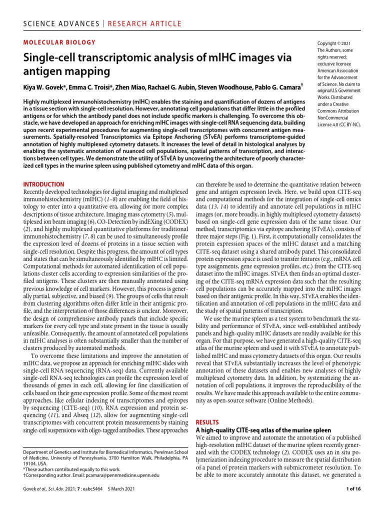 Single-Cell Transcriptomic Analysis of mIHC Images Via Antigen Mapping | PDF | Gene Expression ...