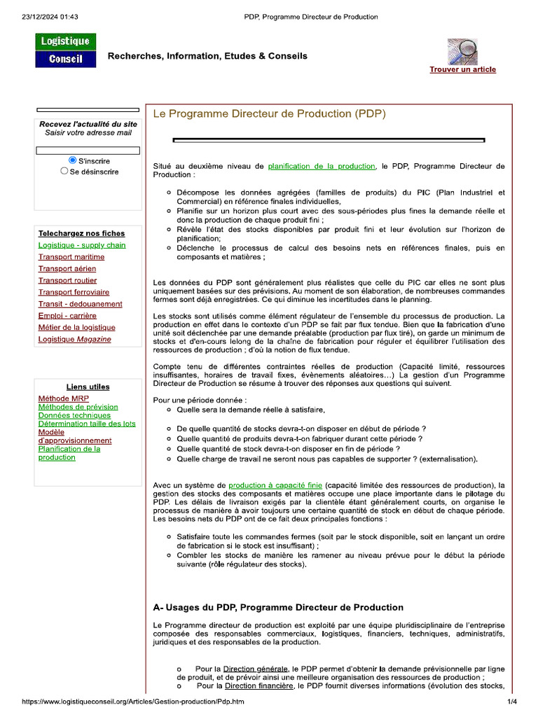 Le Programme Directeur de Production (PDP) LOGISTQIUE | PDF