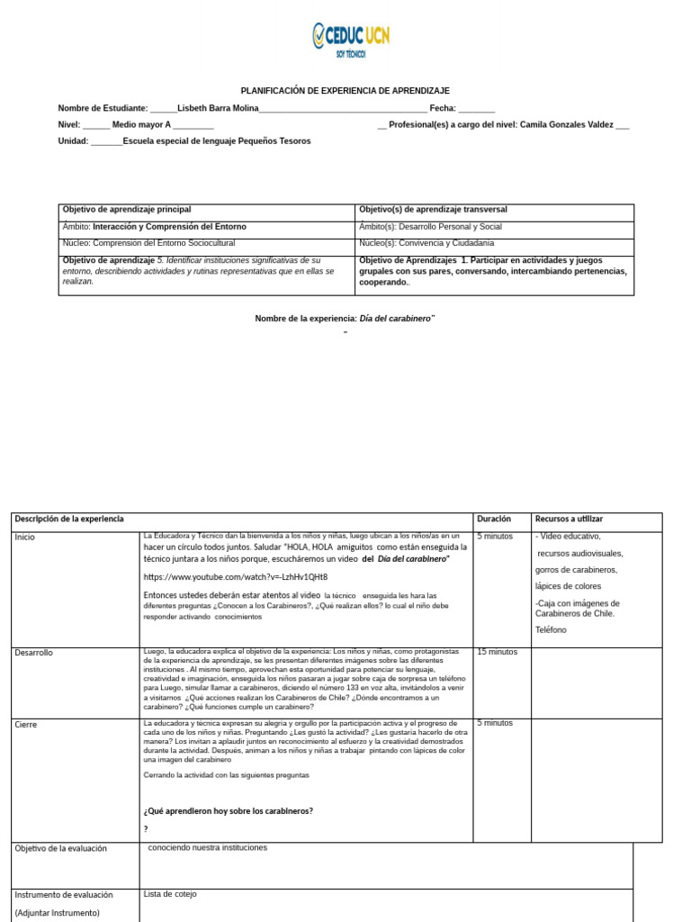 PLANIFICACIÓN DE EXPERIENCIA DE APRENDIZAJE dia del carabineros 8 | PDF | Aprendizaje | Creatividad